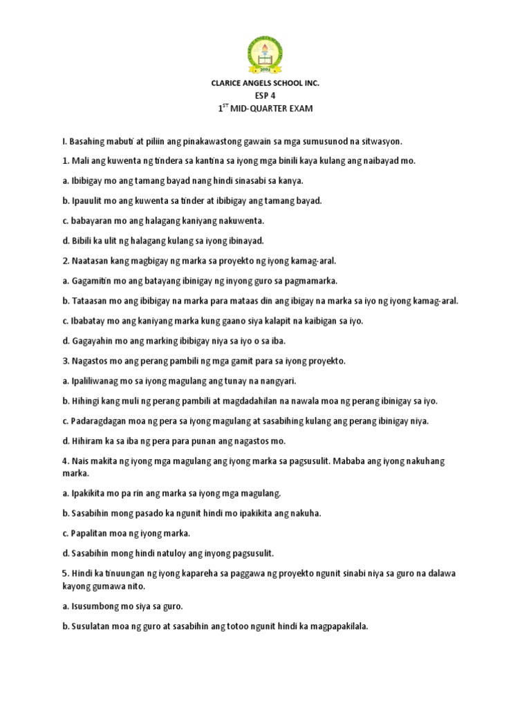 ESP 4 1st Mid Quarter Exam | PDF