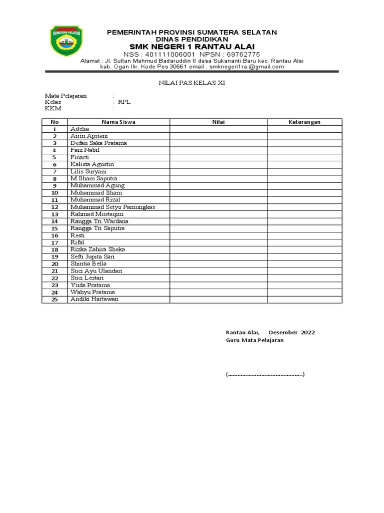 Format Nilai Pas Kelas Xi | PDF