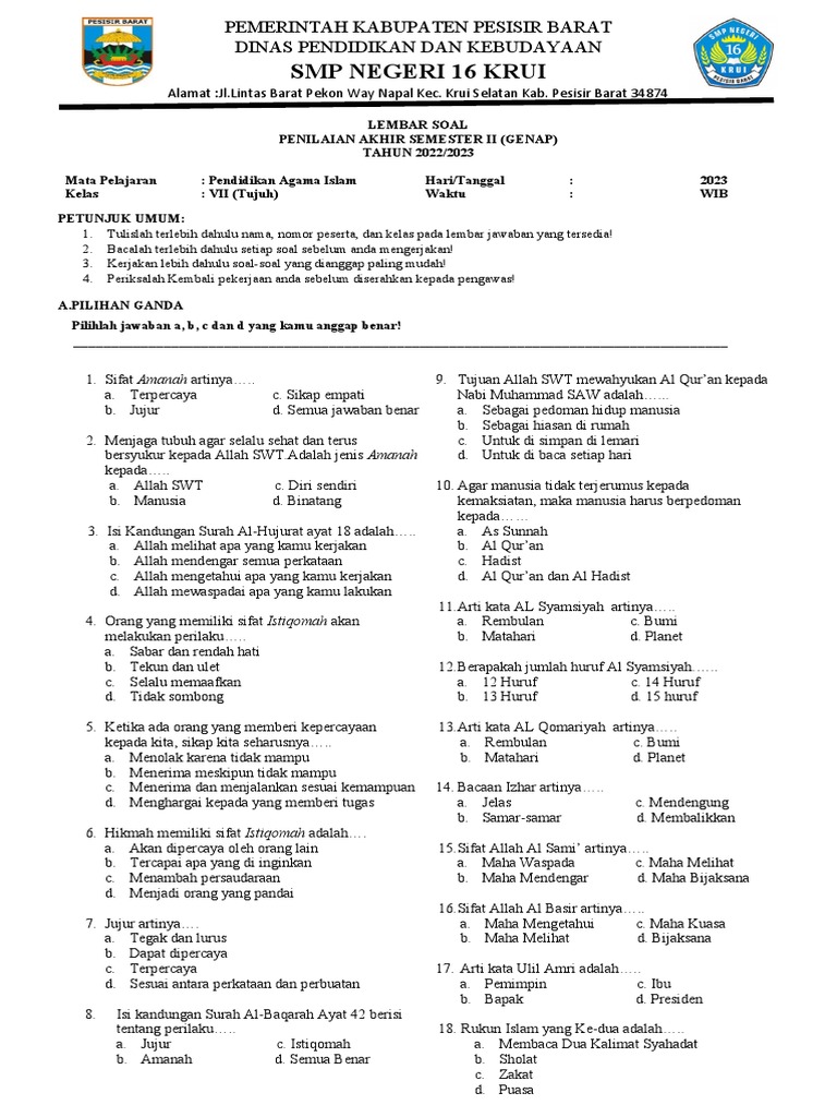 Soal Pai Kls Vii SMT 2 2023 | PDF