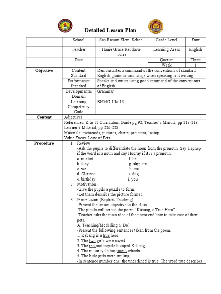 Detailed Lesson PlanENG | PDF | Word | Noun