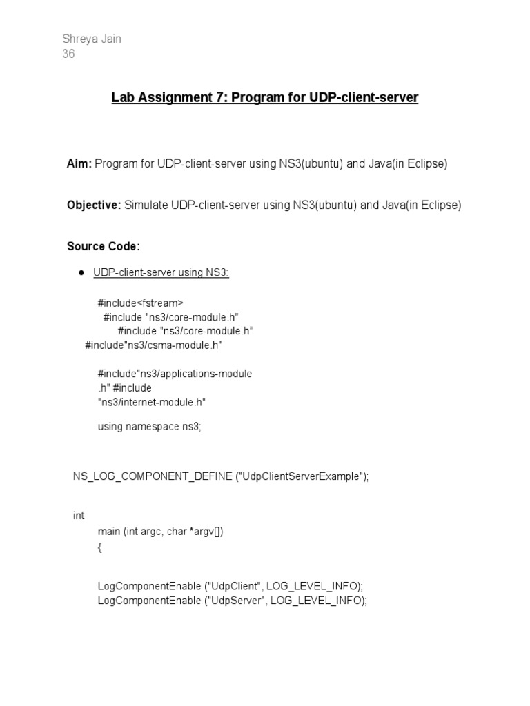 36-2022 Shreya Jain - LAB 7 - Program For UPD-client-server Using NS3 (Ubuntu) and Java (In ...