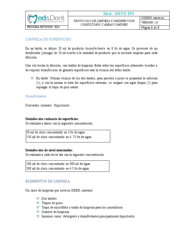 Protocolo de Limpieza y Desinfeccion Consultorios y Areas Comunes | Descargar gratis PDF | Agua ...