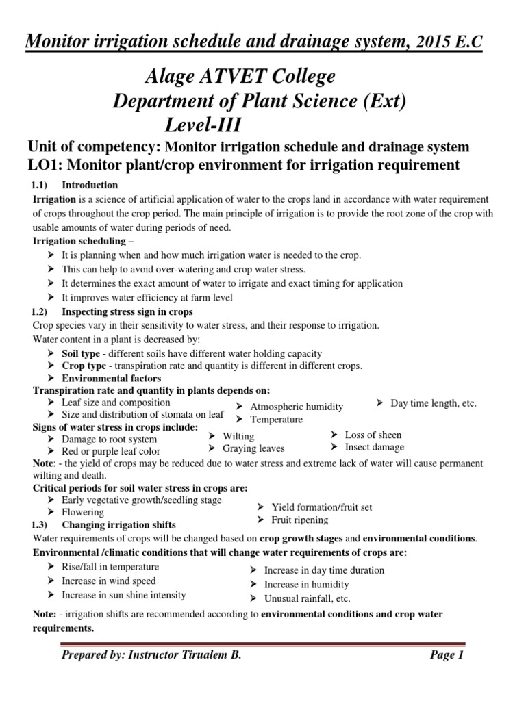 Lllevel III Monitor Irrigation Schedule and Drainage System | PDF ...