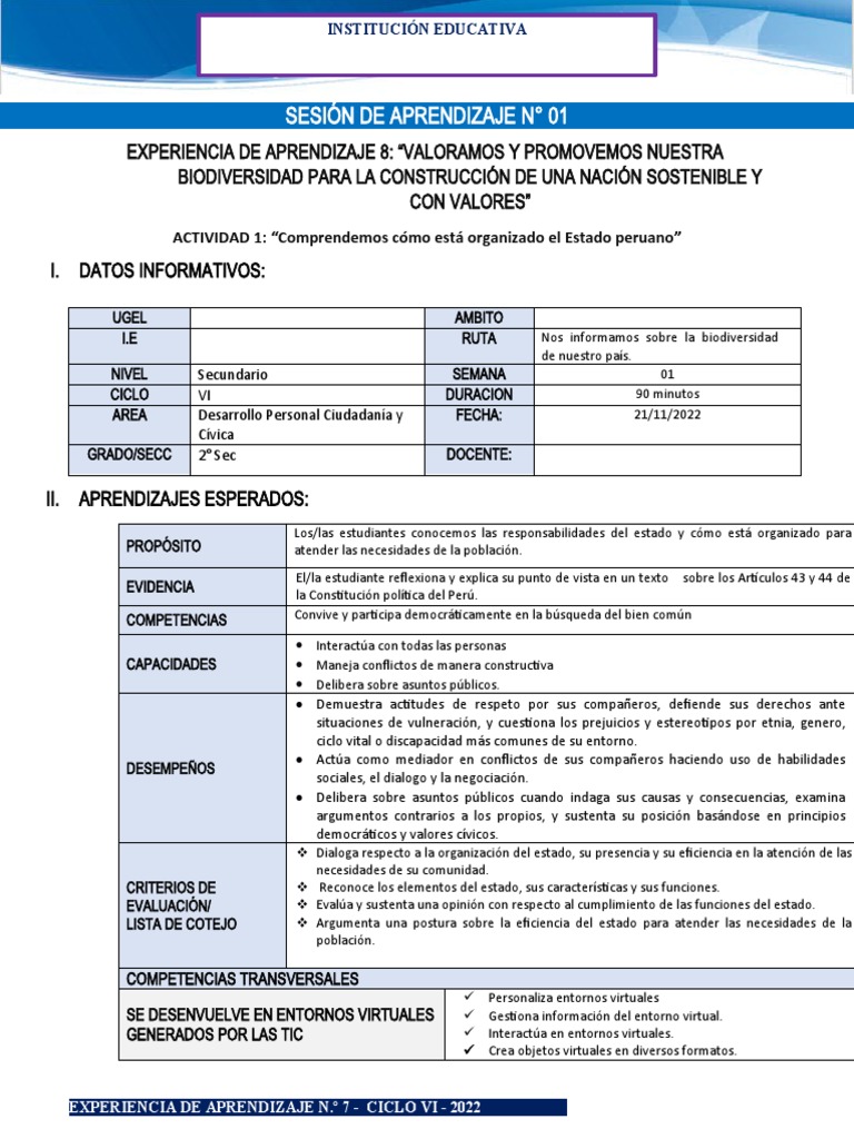 2°dpcc Sesion 1 Eda 8 | PDF | Aprendizaje | Evaluación