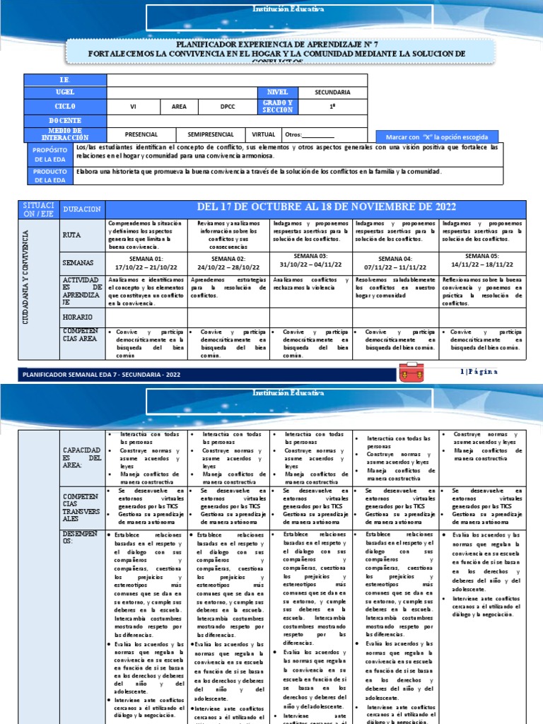 1º Planificador Semanal DPCC - Exp 7 - Sec 2022. | PDF | Evaluación | Justicia