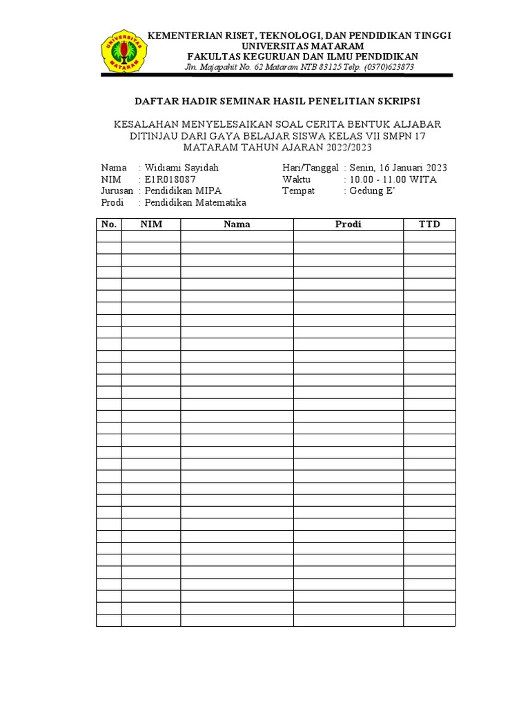 Daftar Hadir Semhas Widya | PDF