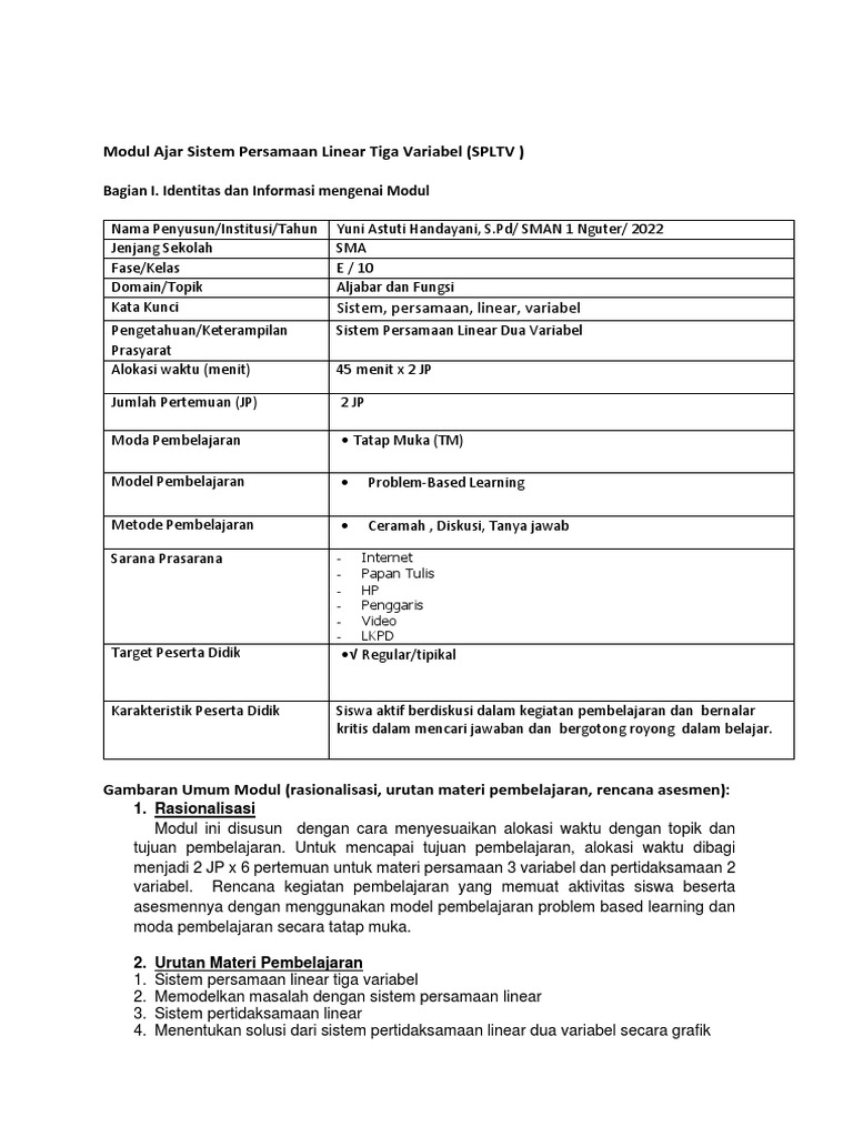 Modul Ajar Sistem Persamaan Linear Tiga Variabel (SPLTV) : Bagian I ...