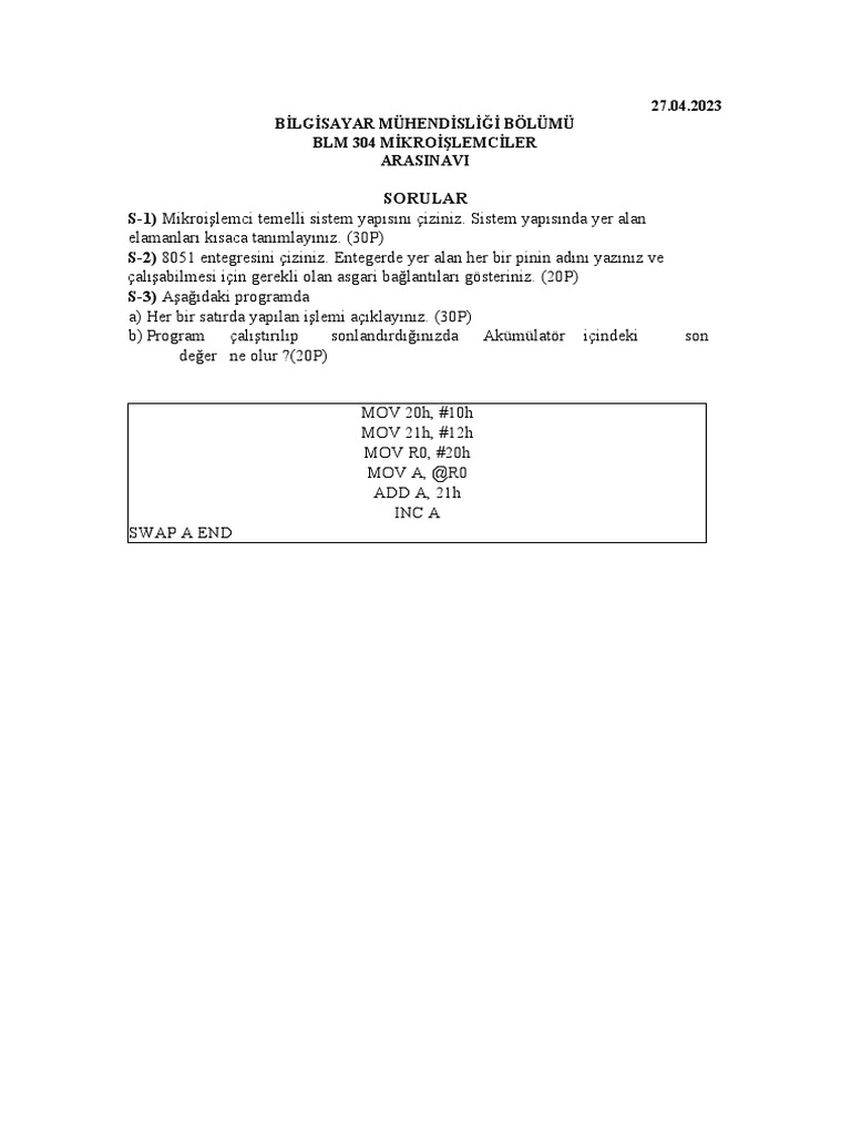 Mikroislemciler Sinav | PDF