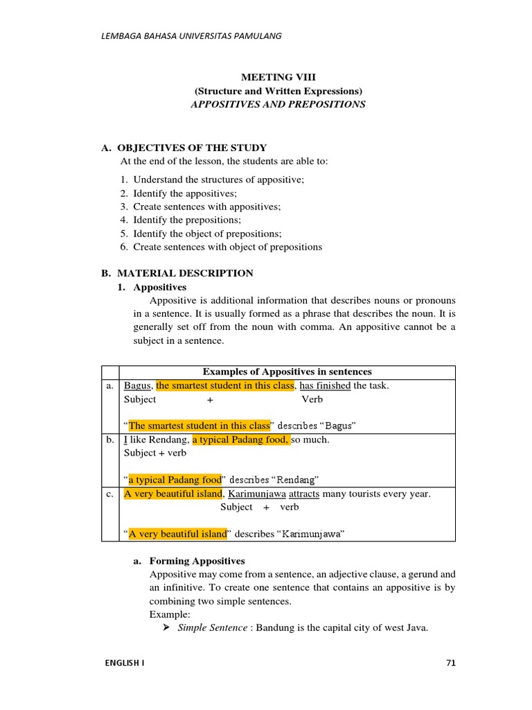 Meeting 8 Appositive and Prepositions | PDF | Preposition And Postposition | Verb