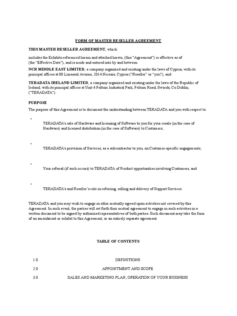 Form of Master Reseller Agreement | PDF | Indemnity | License