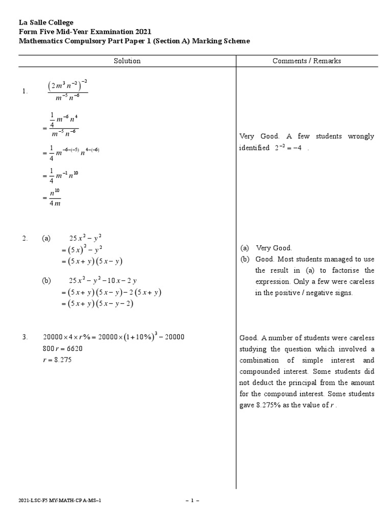 20 - 21 F5 MY MATH CP A Marking (With Comments) | PDF | Quadratic Equation | Equations