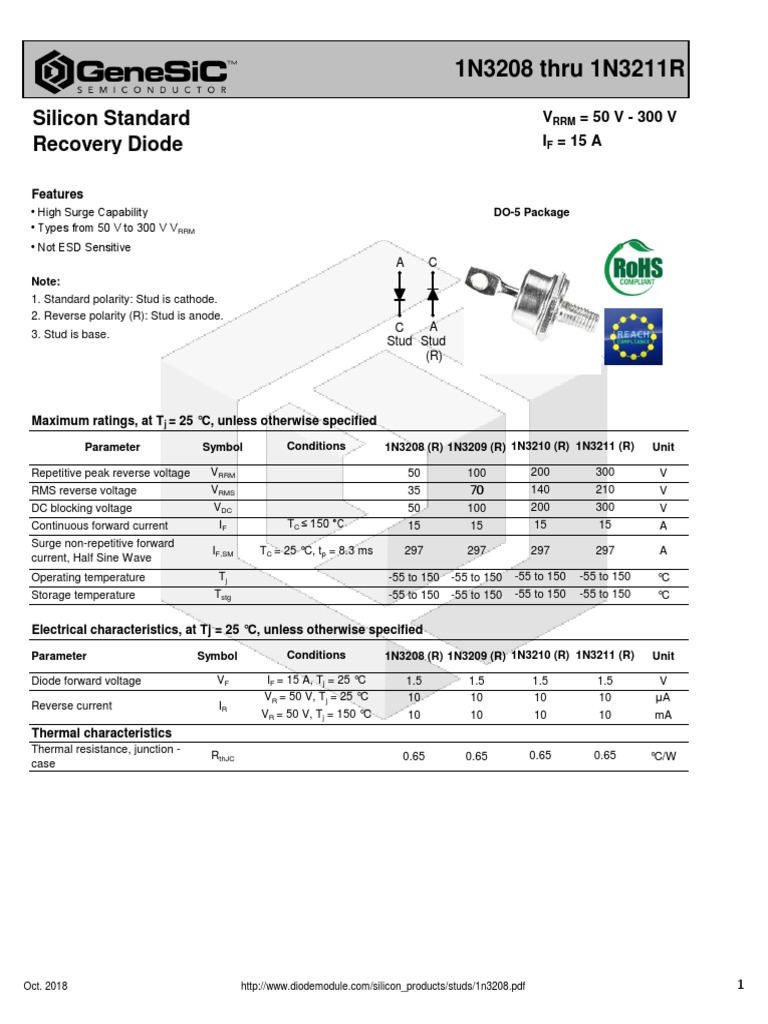 1N3208 Thru 1N3211R: Silicon Standard Recovery Diode | PDF | Diode ...