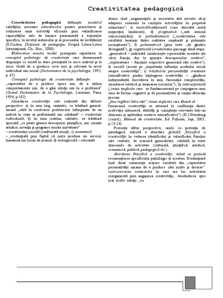 Creativitatea Pedagogica | PDF