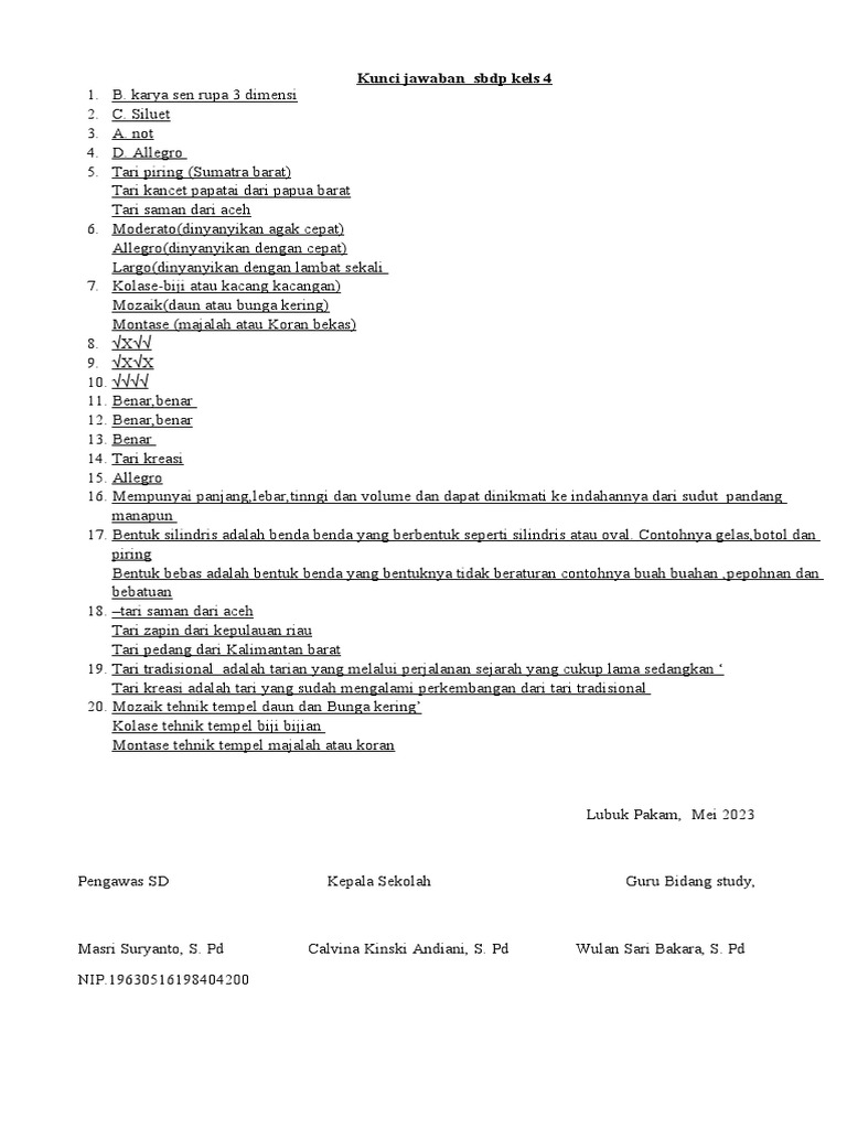 Kunci Jawaban SBDP Kels 4 | PDF