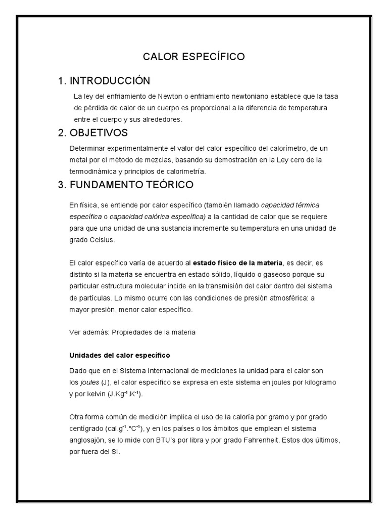 Calor Especifico | PDF | Calor | Capacidad calorífica