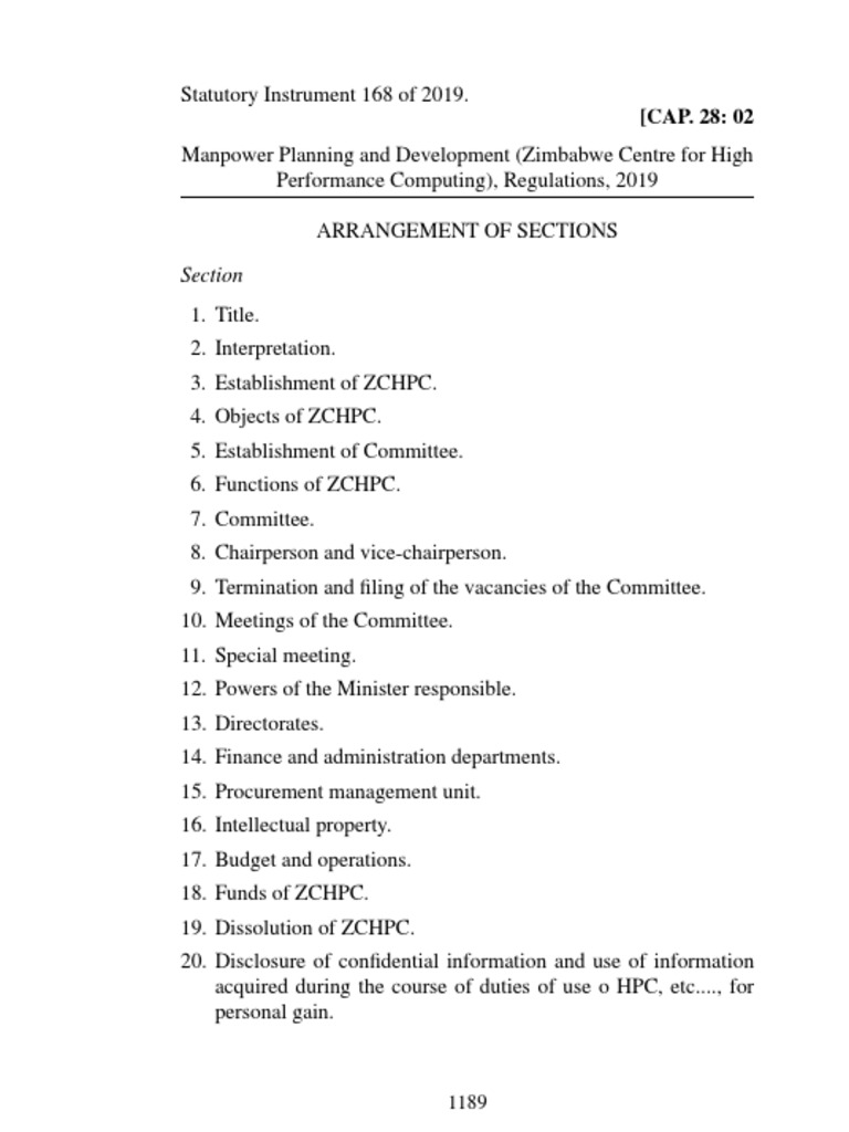 SI 2019 - 168 Manpower Planning and Development (Zimbabwe Centre For High Performance Computing ...