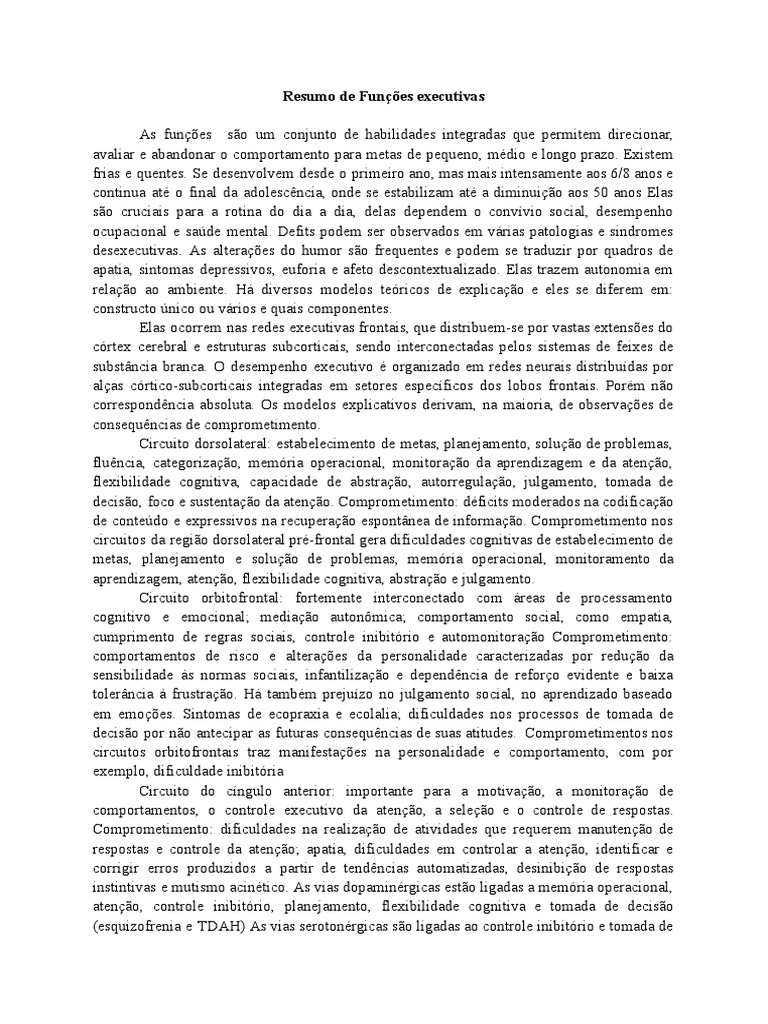 Resumo de Funções Executivas | PDF | Comportamento | Memória