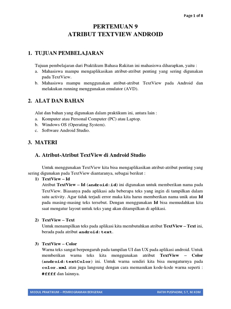 P9 - Modul Praktikum - Pemrograman Bergerak - Atribut TextView Android (6SI-C) | PDF | Seni ...