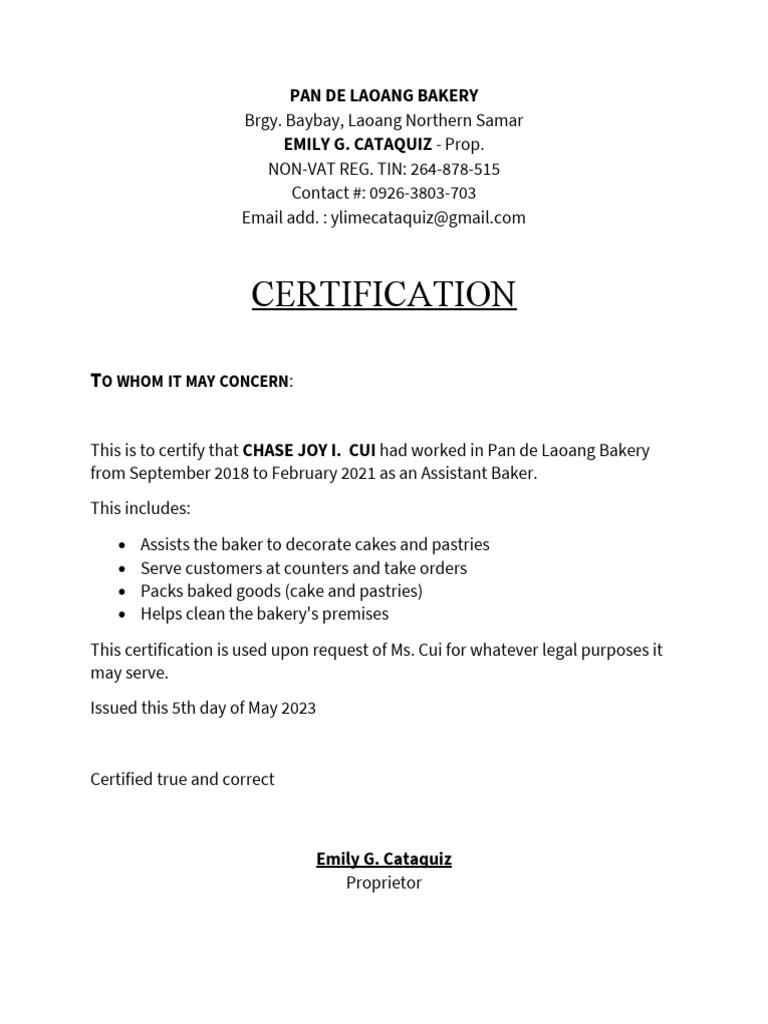 Bakery Certification for Chase Joy I. Cui | PDF