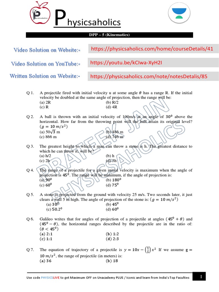 Dpp 5 Kinematics Projectilemotion Pdf Projectiles Dynamics
