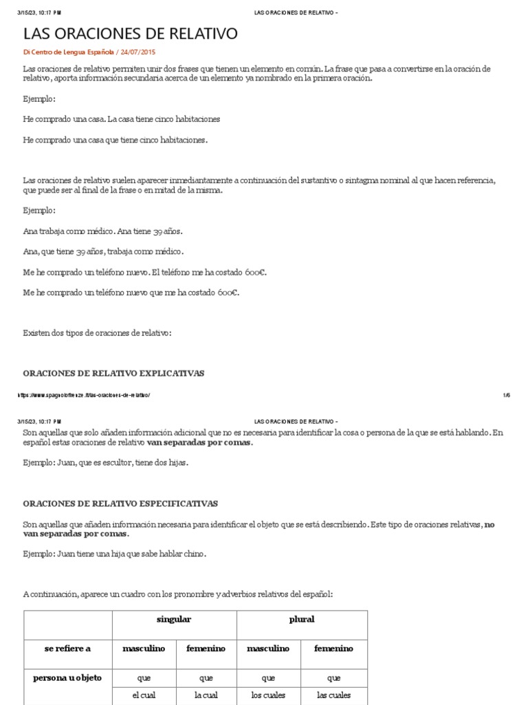 Las Oraciones de Relativo | PDF | Oración (Lingüística) | Sustantivo
