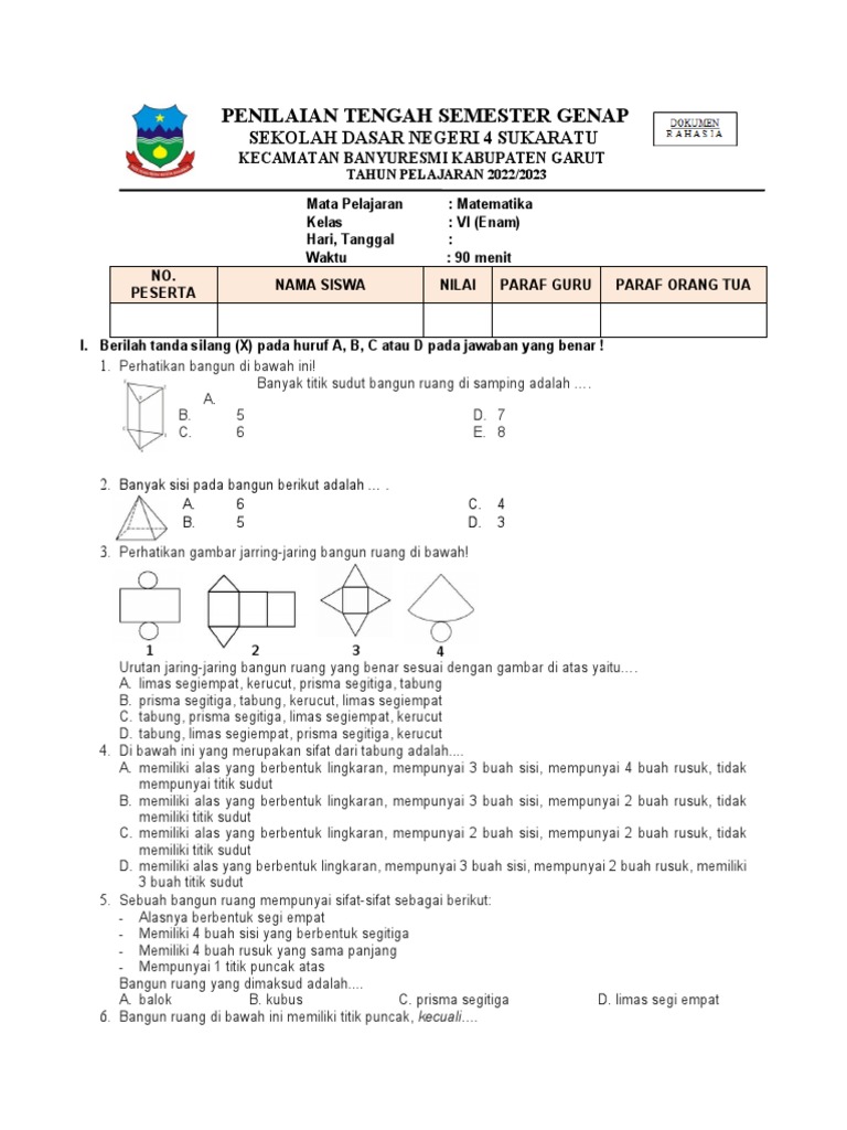 Soal PTS Genap Kelas 6 2022-2023 MTK | PDF