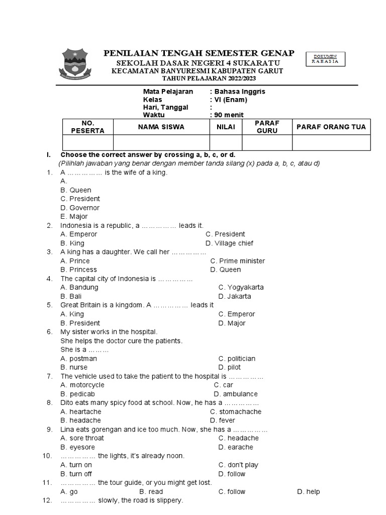 Soal PTS Genap Bahasa Inggris Kelas 6 2022-2023 | PDF