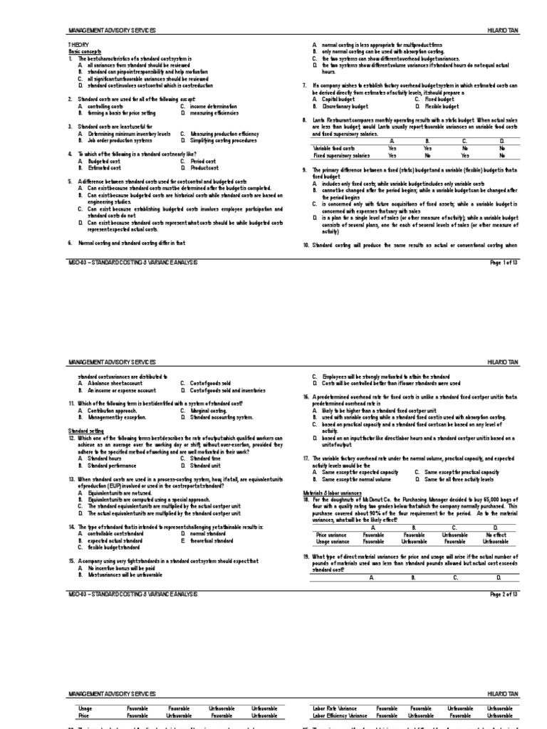 MSQ-03 - Standard Costs and Variance Analysis | PDF | Cost | Cost ...