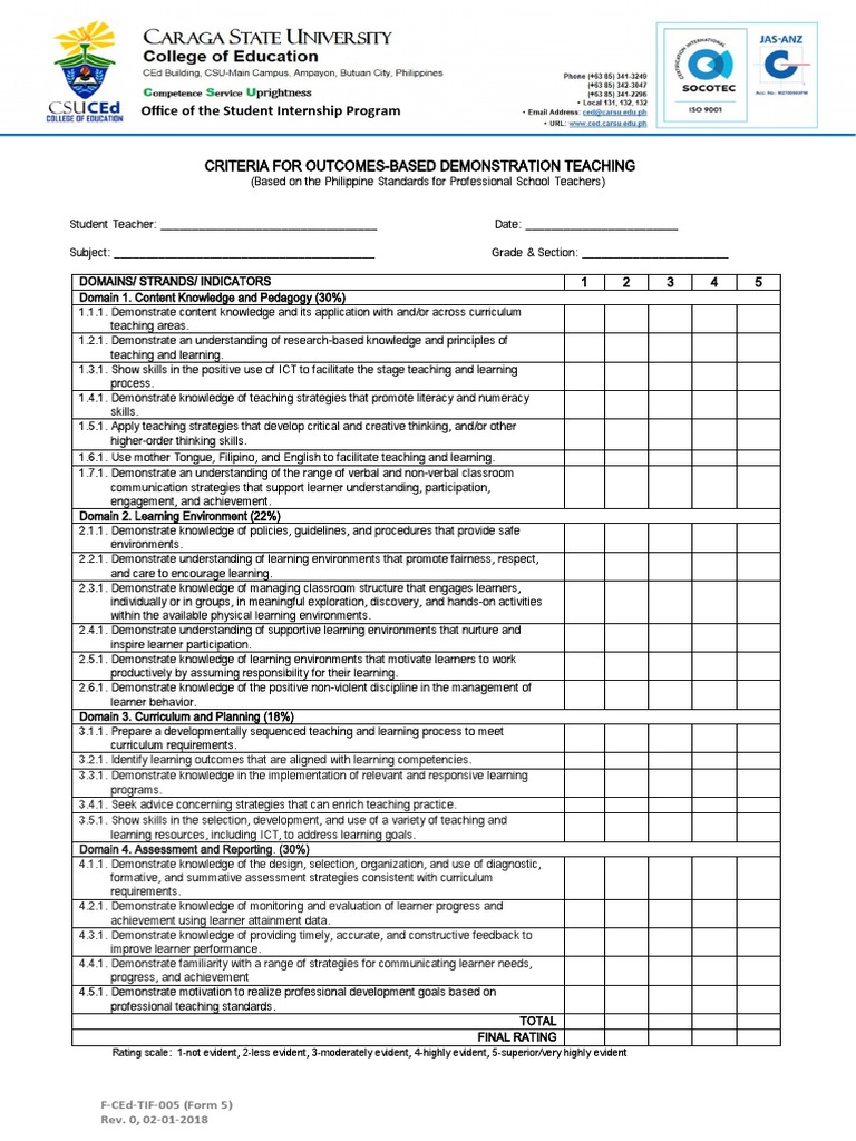 Form-1 Daily-Observation Criteria For Outcomes Based Teaching | PDF ...