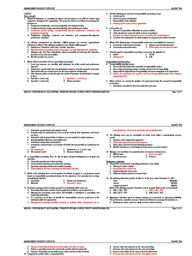 zMSQ-04 - Responsibility Acctg, Transfer Pricing - GP Analysis | PDF | Return On Investment ...