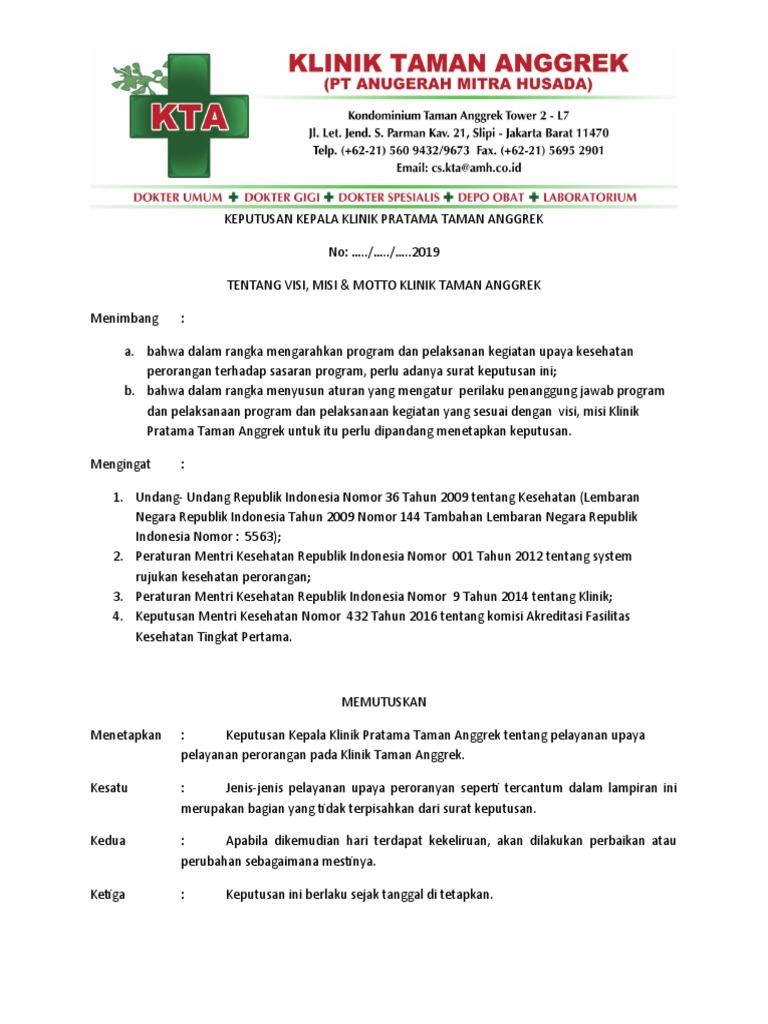 Keputusan Kepala Klinik Pratama Taman Anggrek | PDF