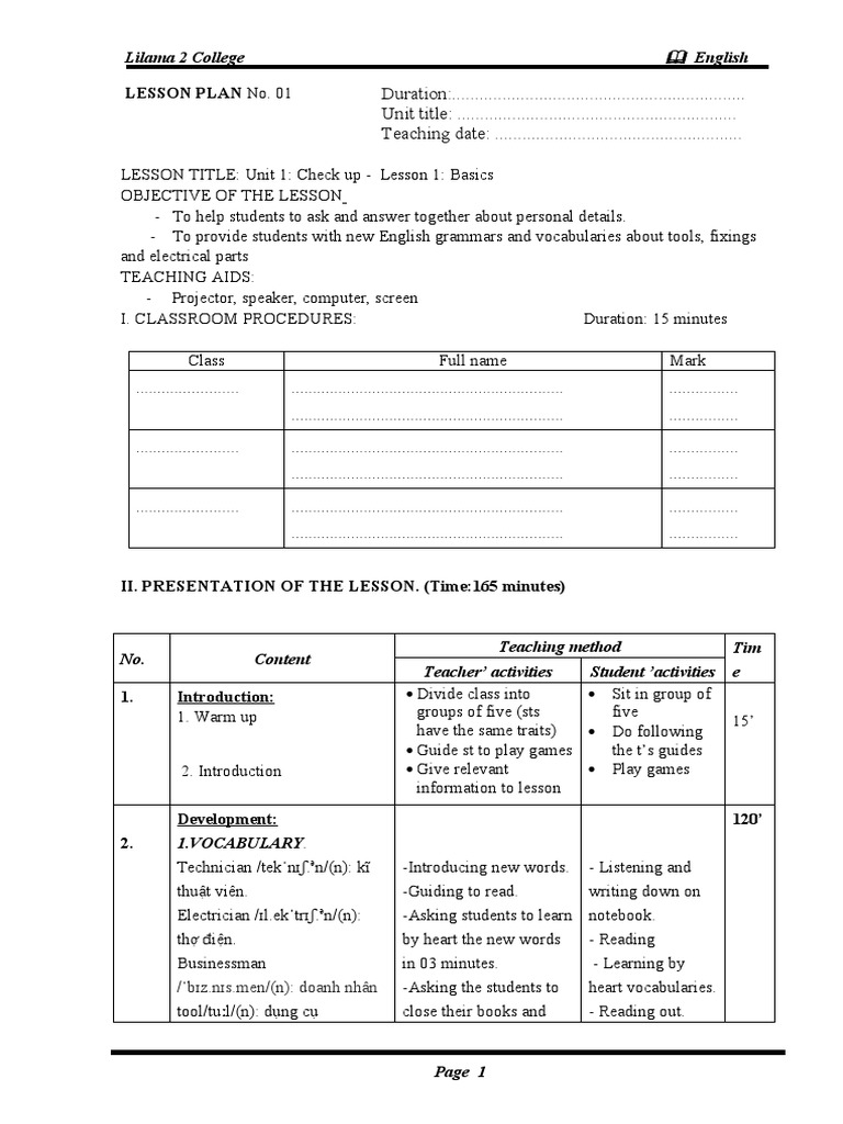 Giao-An-English-Technical Unit 1,2 | PDF | Teaching Method | Lesson Plan