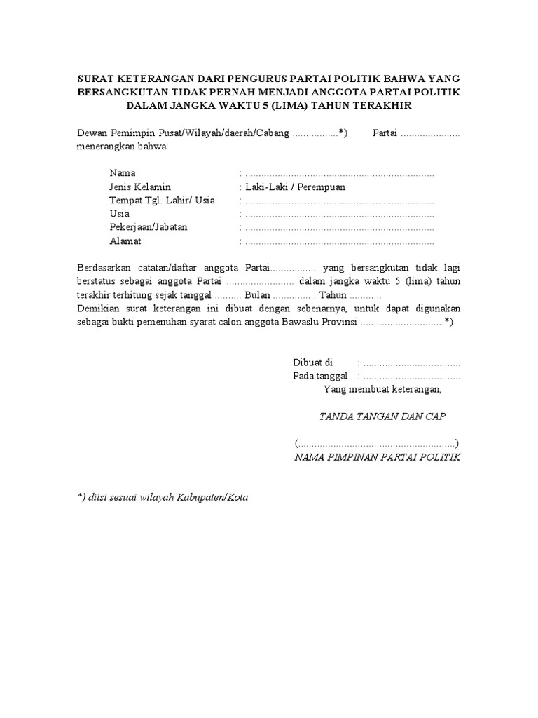 Surat Keterangan Bukan Anggota Partai | PDF