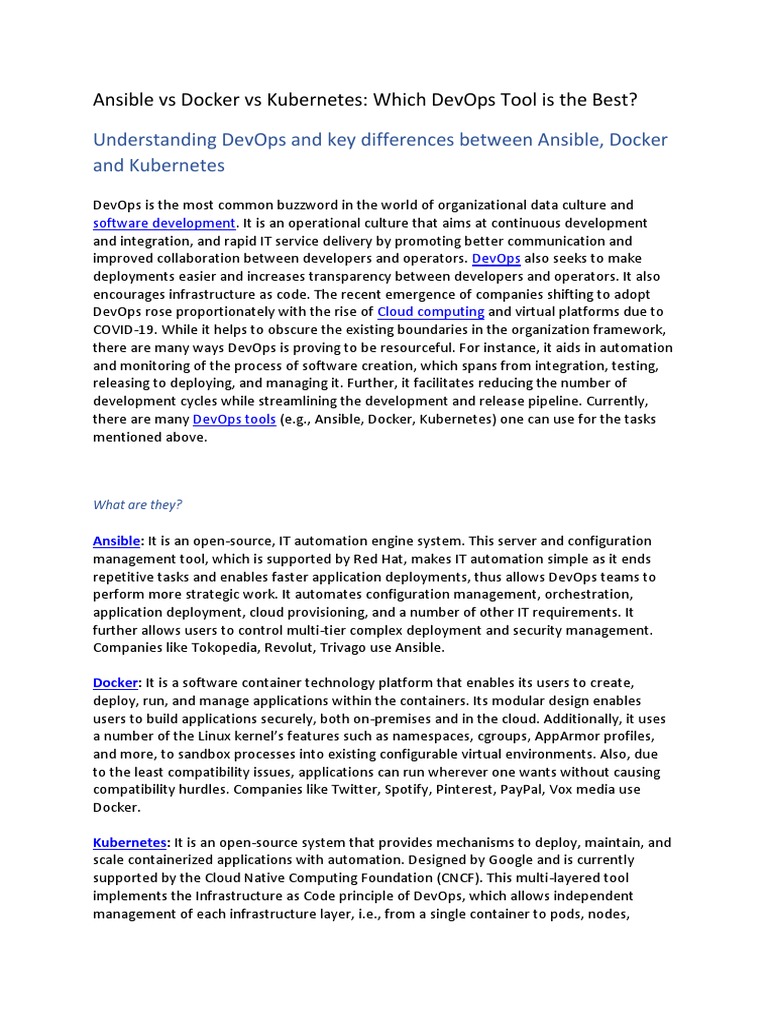 Ansible Vs Docker Vs Kubernetes | PDF | Cloud Computing | Software ... Ansible Vs Docker Vs Kubernetes | PDF | Cloud Computing | Software ...