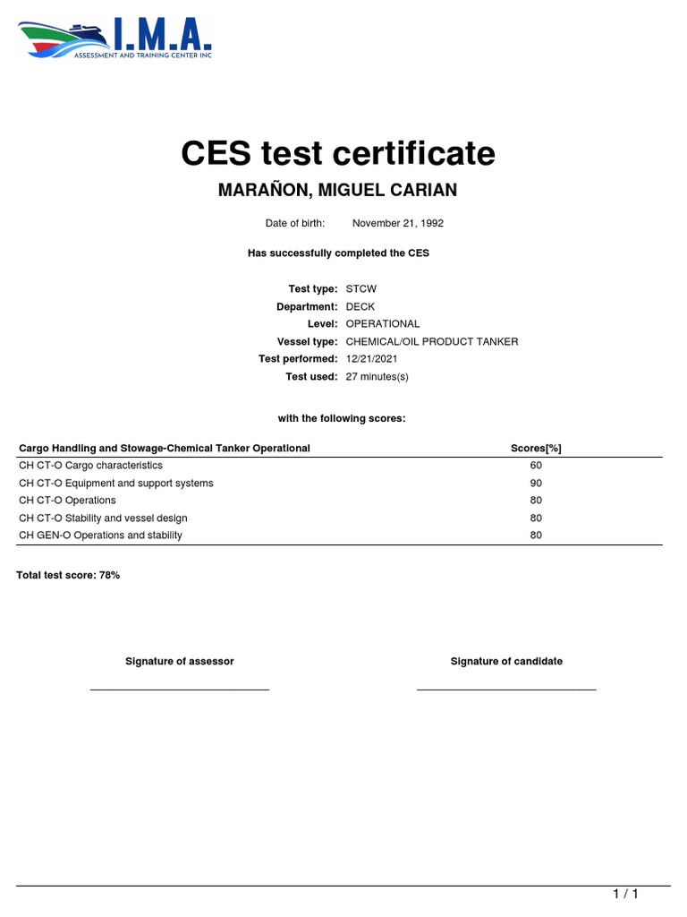 CES Test Certificate for Deck Operations | PDF