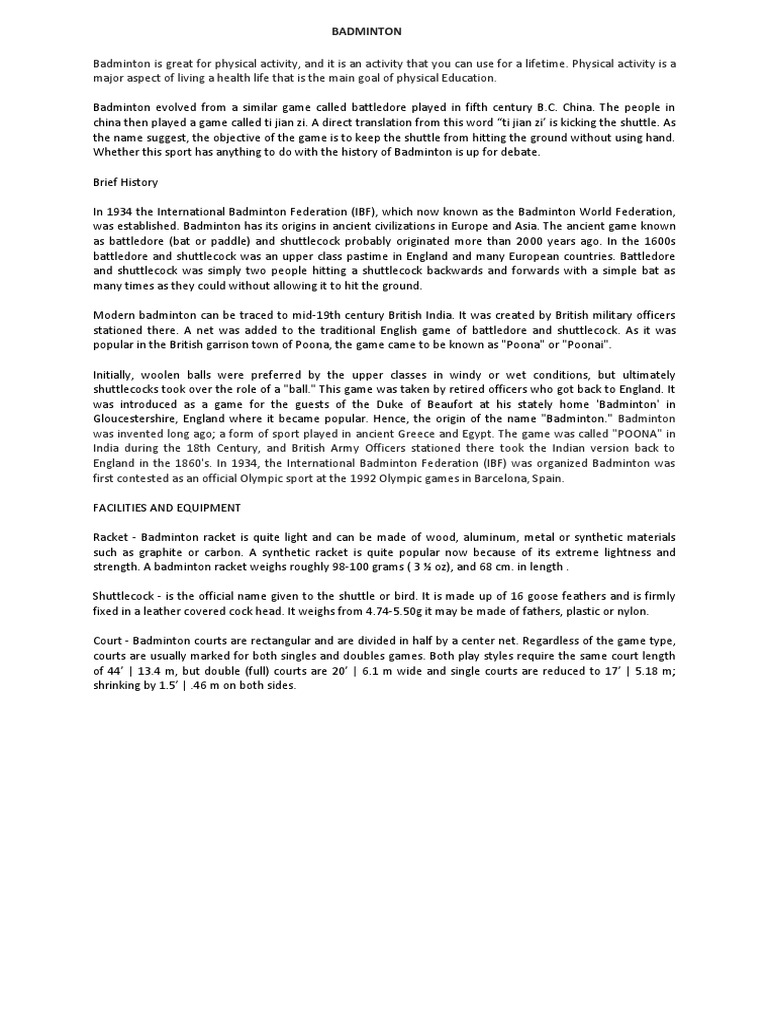 Lecture Notes On Badminton | PDF | Sports | Entertainment