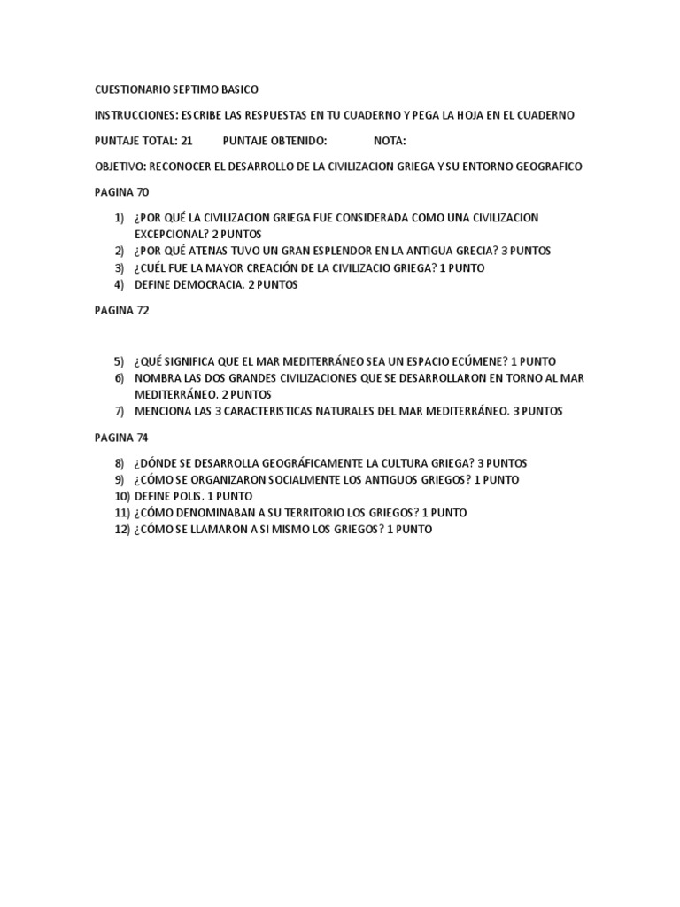Cuestionario Septimo Basico | PDF