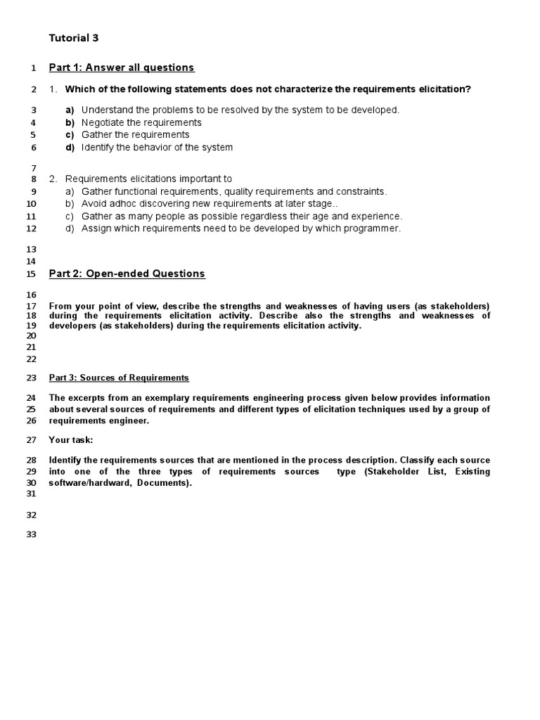 Tutorial 3 - Introduction to Requirements Elicitation | PDF | System | Brainstorming