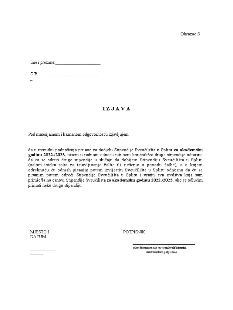 S Obrazac Izjava Stipendija 2022 2023 | PDF