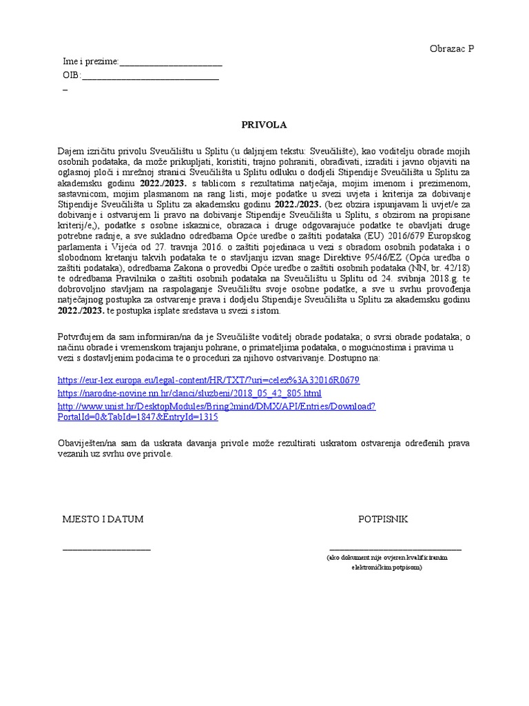 P Obrazac Privola Stipendija 2022 2023 | PDF