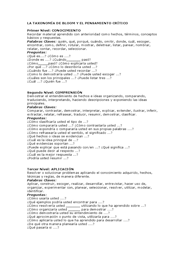 Taxonomía de Bloom: Niveles y Ejemplos | PDF | Aprendizaje | Conocimiento