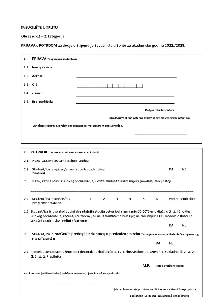 K2 Obrazac Prijava I Potvrda Stipendija 2022 2023 | PDF