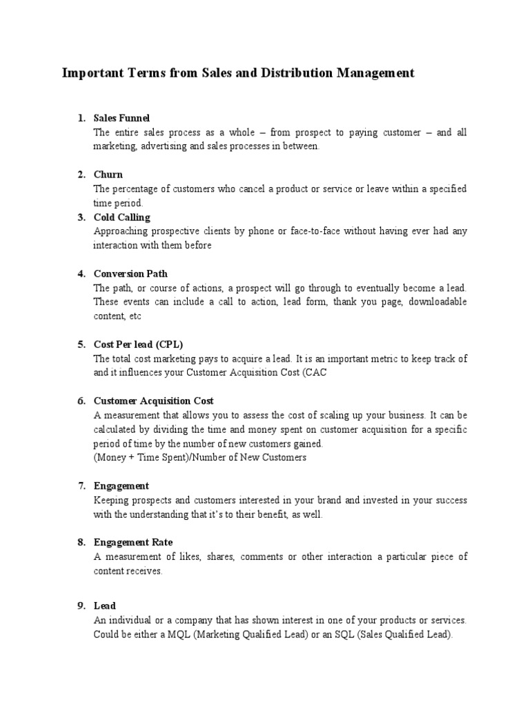 Sales and Distribution Management Terms | PDF