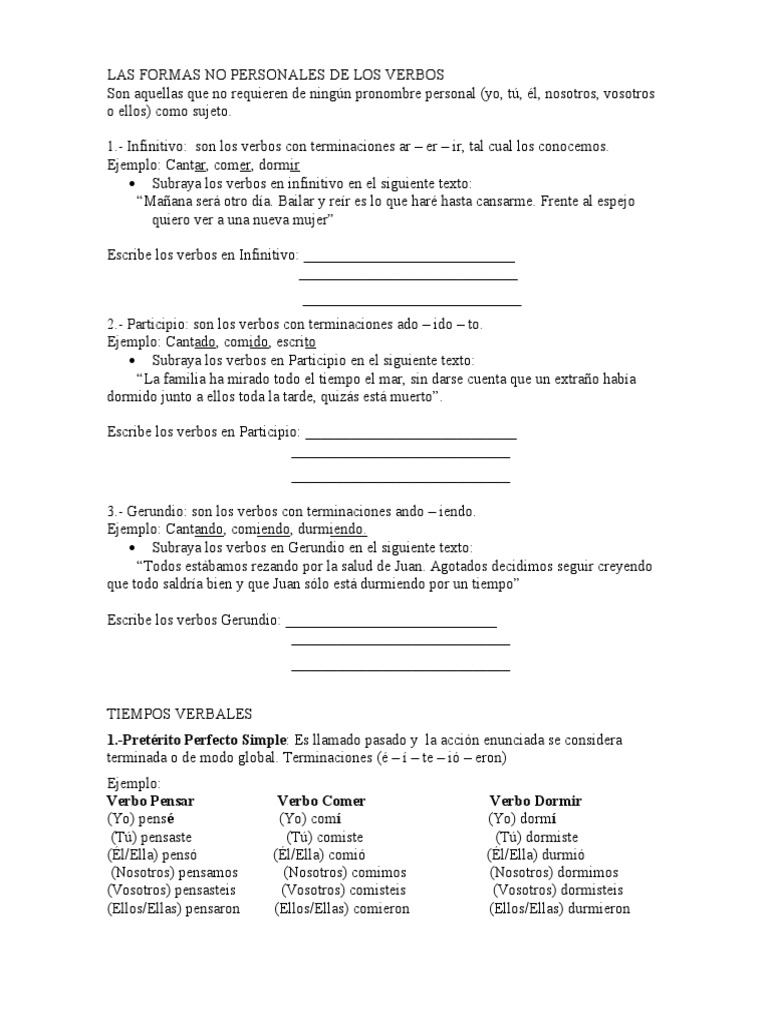 Las Formas No Personales de Los Verbos | PDF | Verbo | Gramática