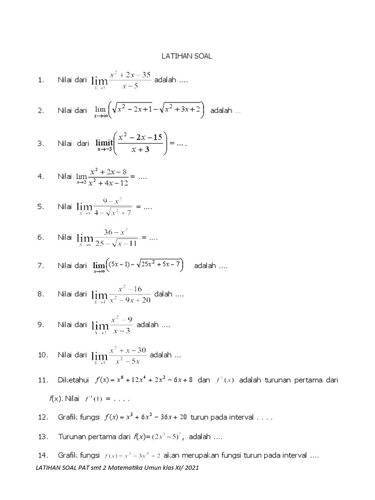 SOAL PAT SMT 2 MAT - KELAS XI WAJIB - 2020-2021. RATMI | PDF
