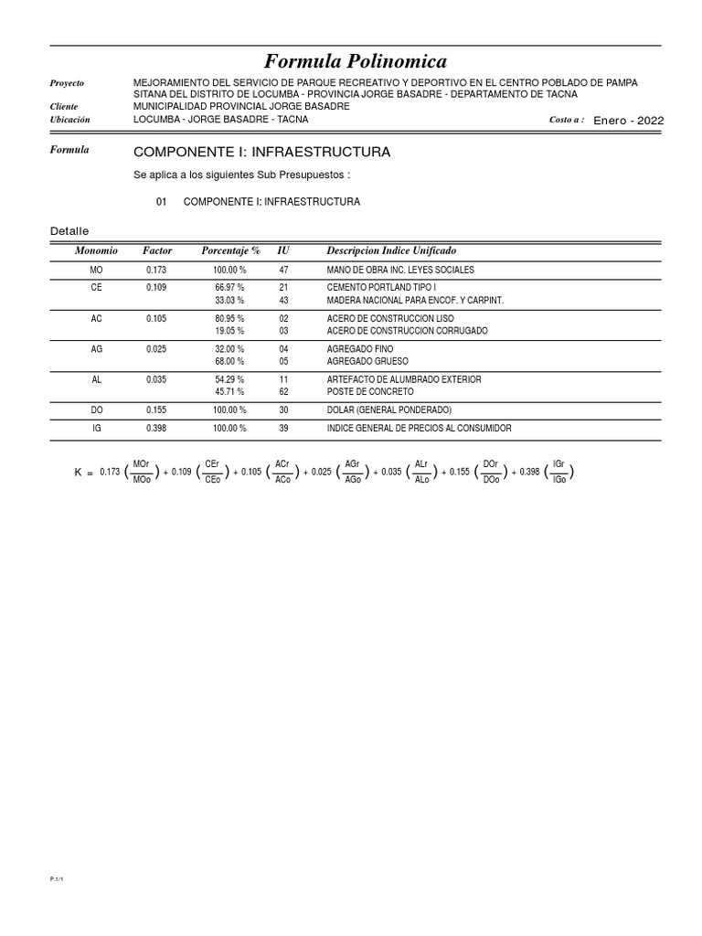 Formula Polinomica: Componente I: Infraestructura | PDF | Hormigón | Ingeniería de Edificación