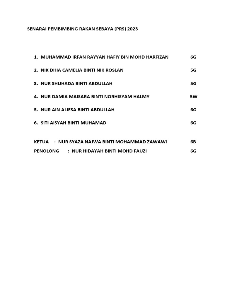 Senarai Pembimbing Rakan Sebaya | PDF