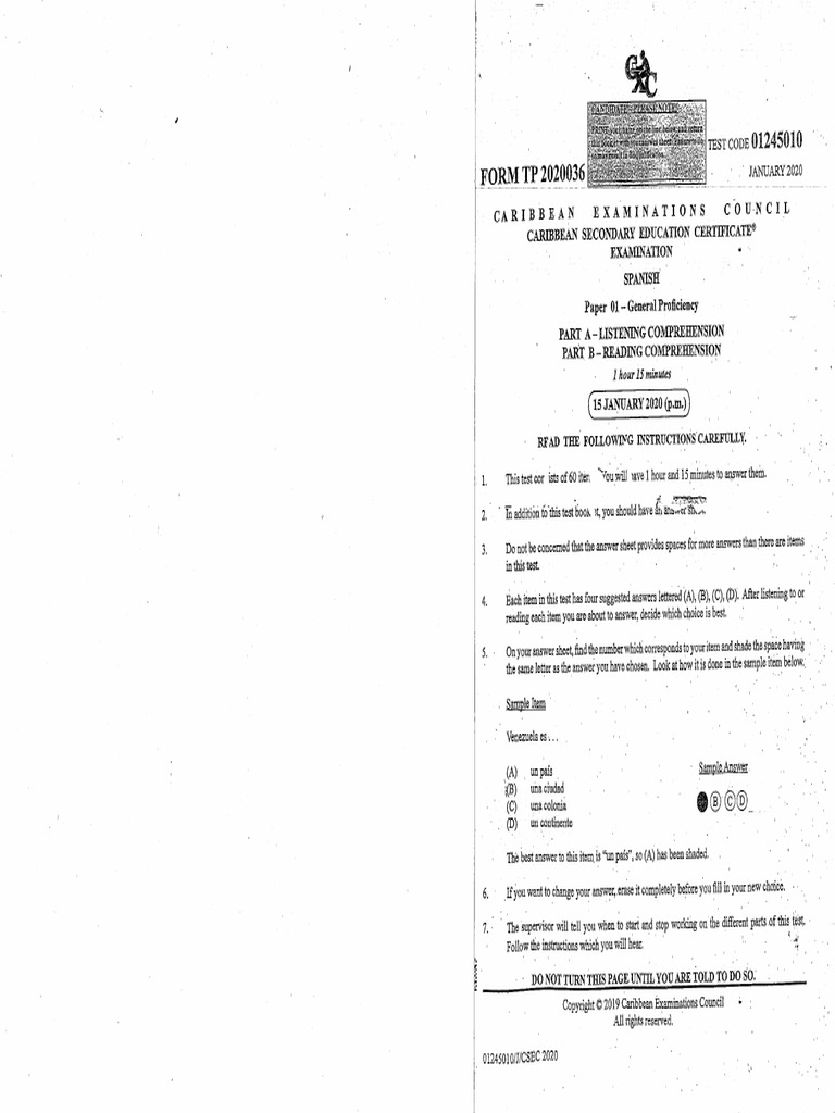 CSEC Spanish January 2020 P1 | PDF