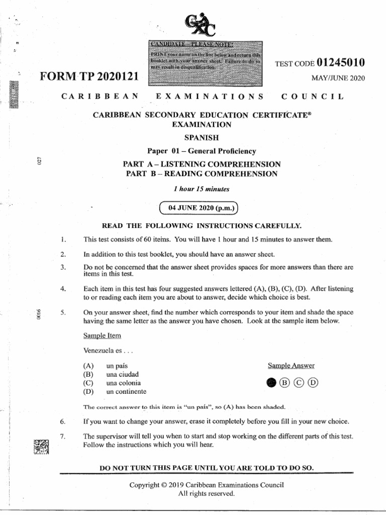 CSEC Spanish June 2020 P1 | PDF
