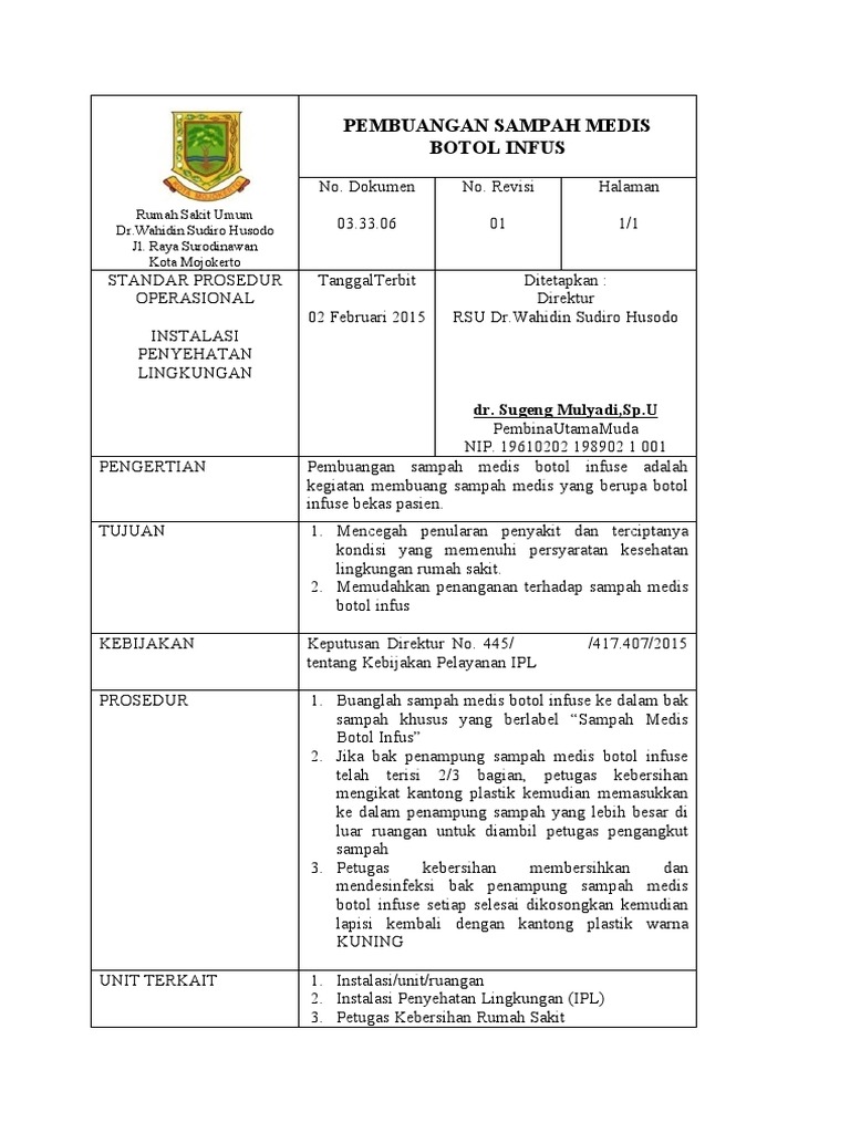 Sop Pembuangan Sampah Medis Botol Infus | PDF